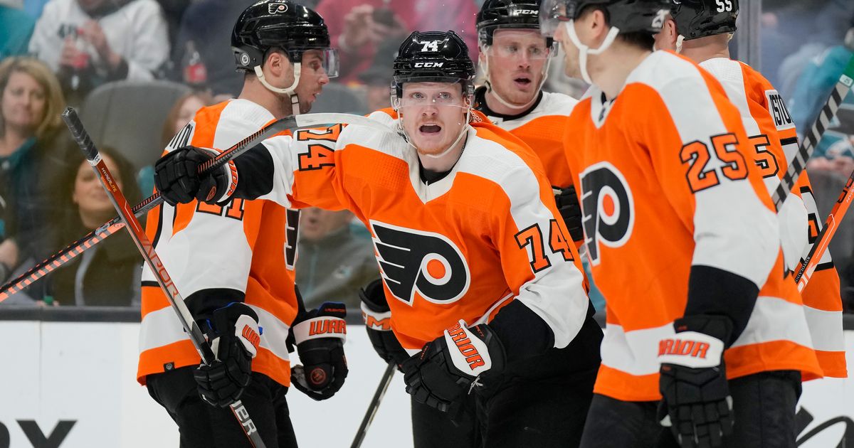 DeAngelo caps Flyers rally for 4-3 OT win over Sharks | The Seattle Times