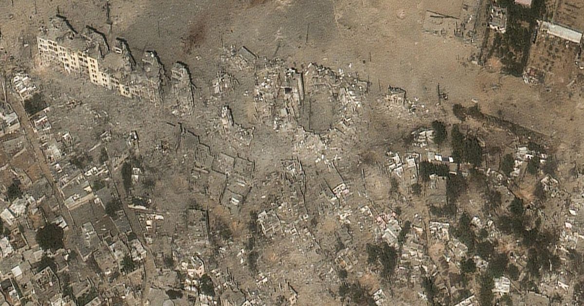 Parts of Gaza look like a wasteland from space. Look for the misshapen ...