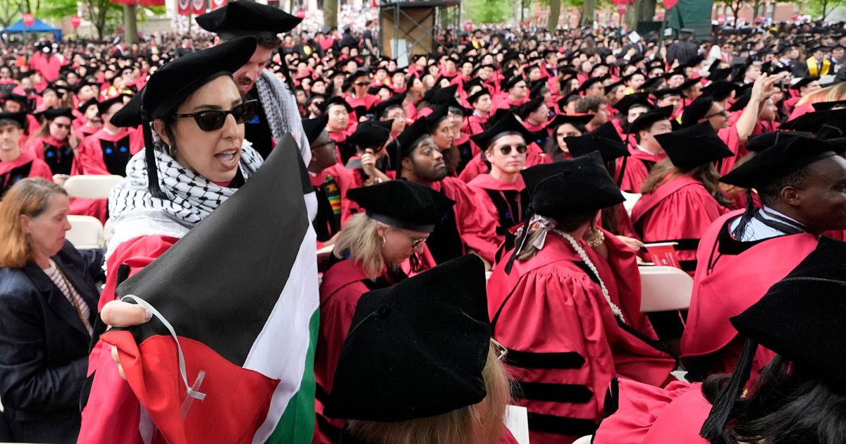 Group of graduates walk out of Harvard commencement chanting ‘Free ...