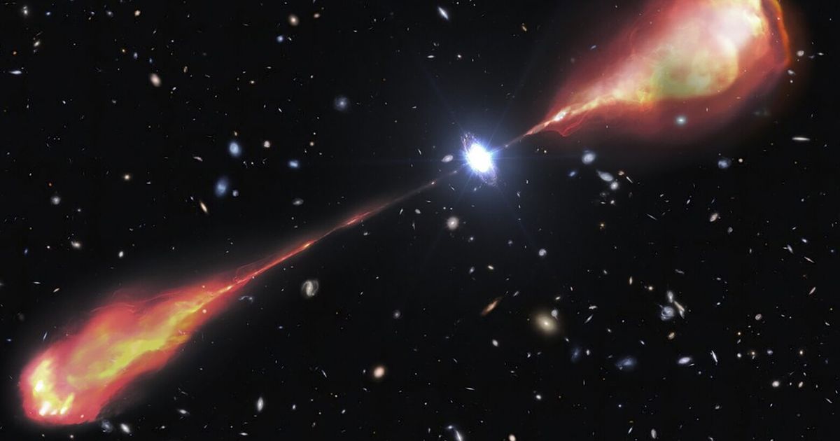 Telescopes spy a monster radio jet streaming from a bright and early ...