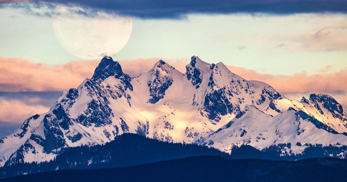 A huge moon looms over pink mountain twilight | The Seattle Times
